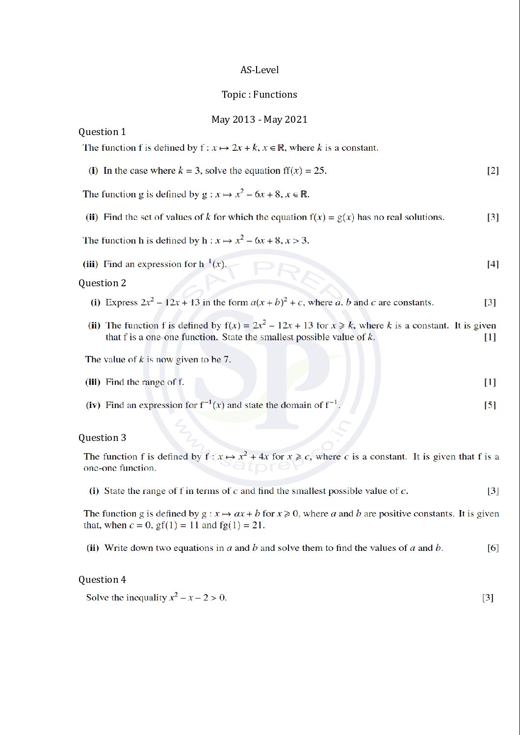 Questions of functions from AS-level Pure Math Past paper