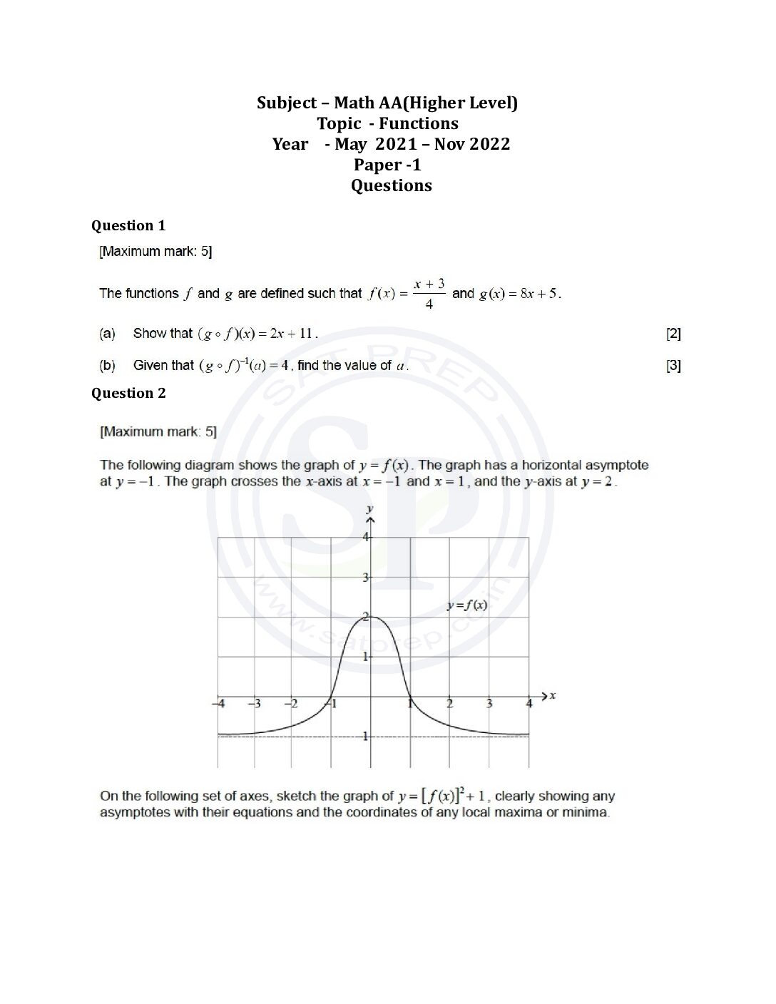 Topic Wise IBDP Math AA HL Past Paper 1 Function SAT PREP