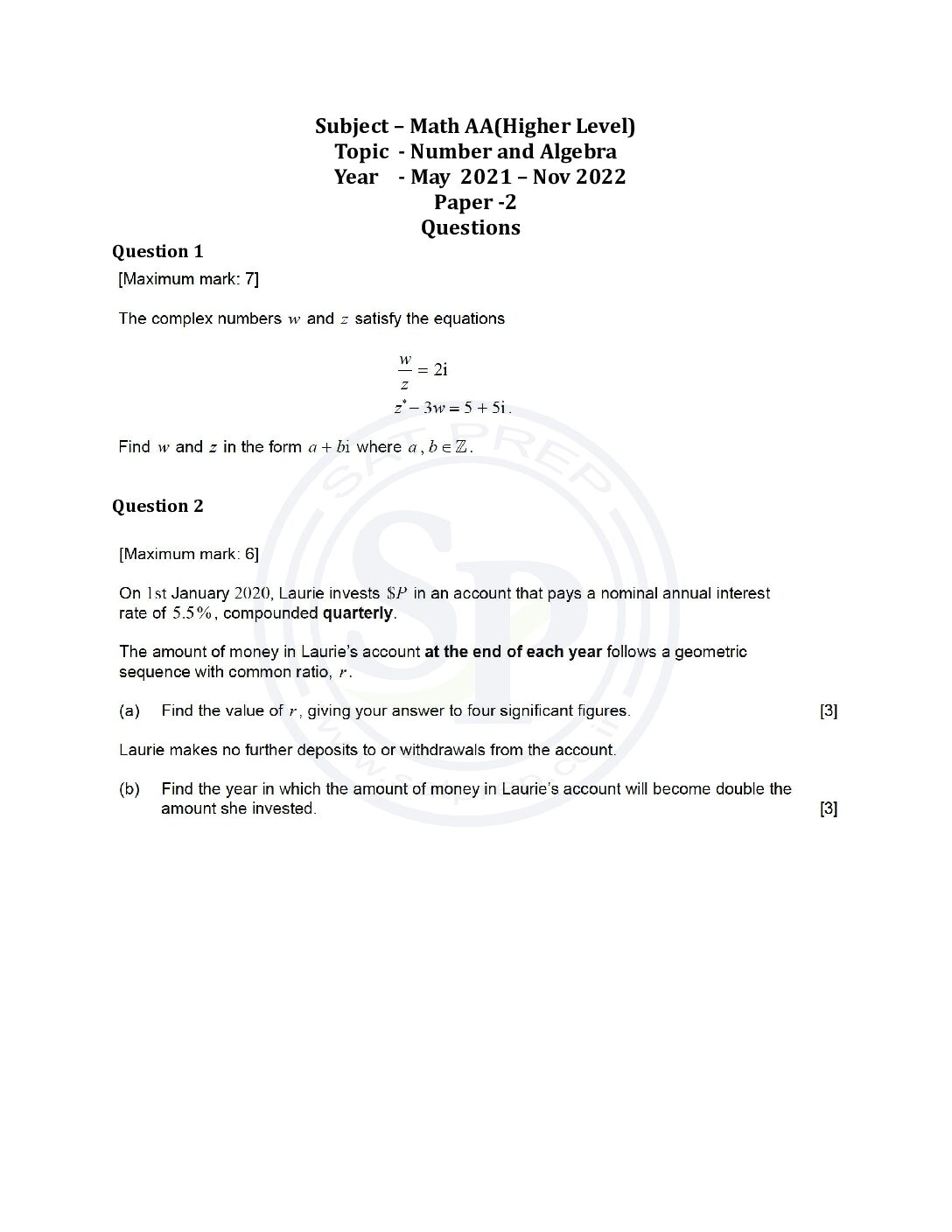 Topic Wise IBDP Math AA HL Past Paper 2 Number And Algebra SAT PREP Topic Wise IBDP Math AA HL Past Paper 2 Number And Algebra SAT PREP