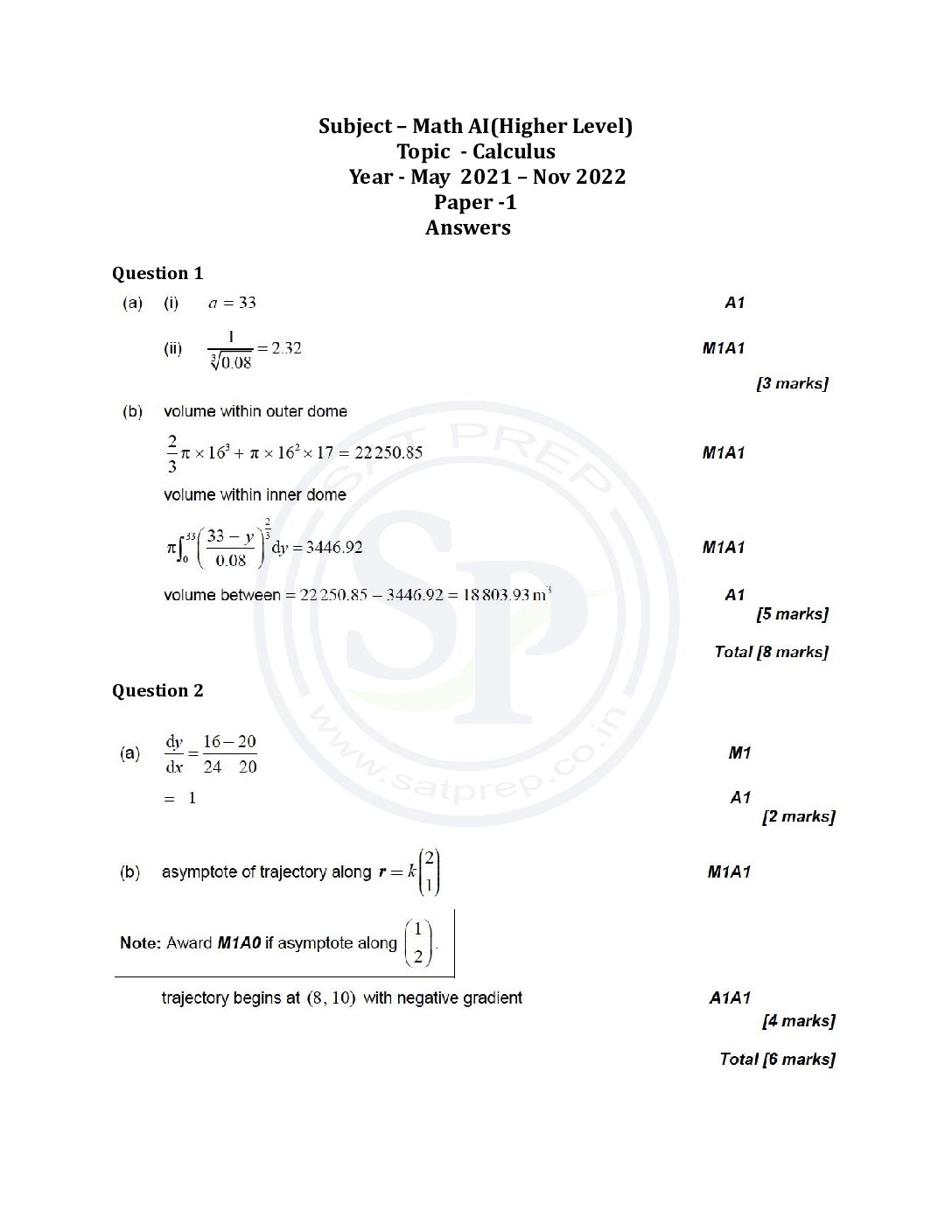 Topic Wise IBDP Math AI HL Past Paper 1 Calculus Answer SAT PREP Topic Wise IBDP Math AI HL Past Paper 1 Calculus Answer SAT PREP