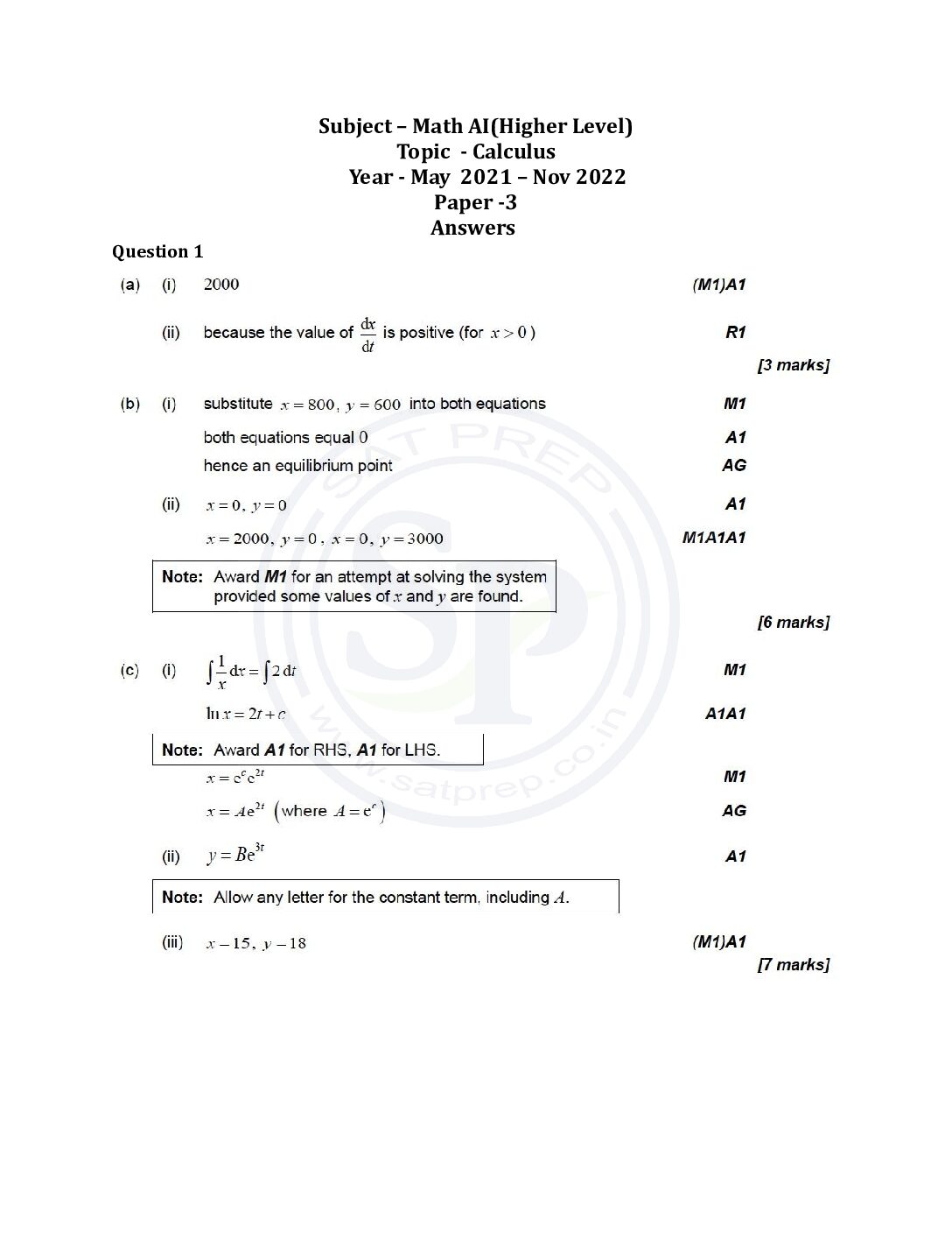 Topic Wise IBDP Math AI HL Past Paper 3 Calculus Answer SAT PREP
