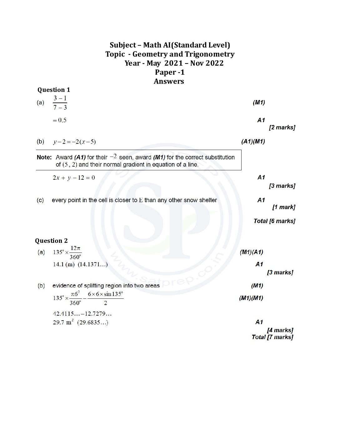 Topic Wise IBDP Math AI SL Past Paper 1 Geometry And Trigonometry