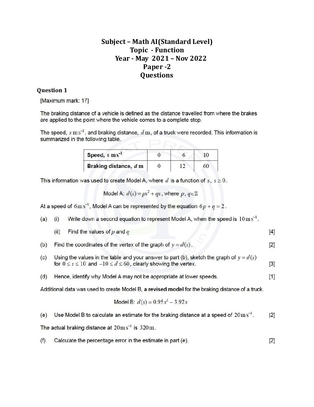 Topic Wise IBDP Math AI SL Past Paper 2 Function SAT PREP Topic Wise IBDP Math AI SL Past Paper 2 Function SAT PREP
